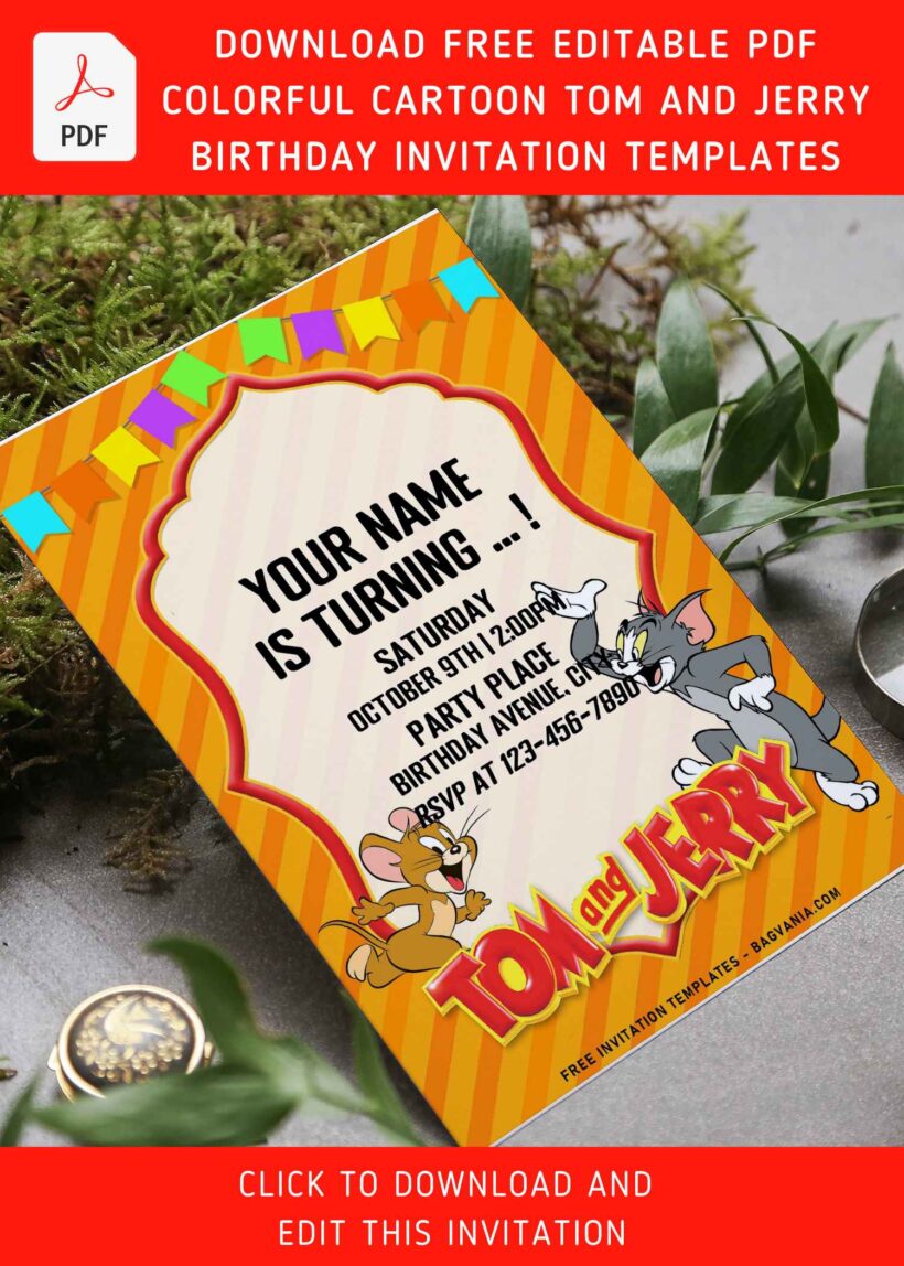 (Free Editable PDF) Colorful Cartoon Tom & Jerry Birthday Invitation ...