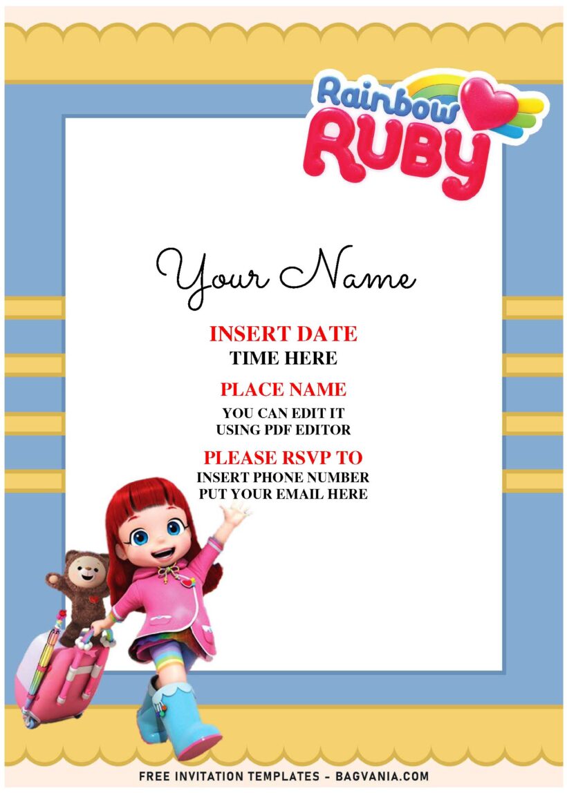 (Free Editable PDF) Brave Little Girl Rainbow Ruby Birthday Invitation ...