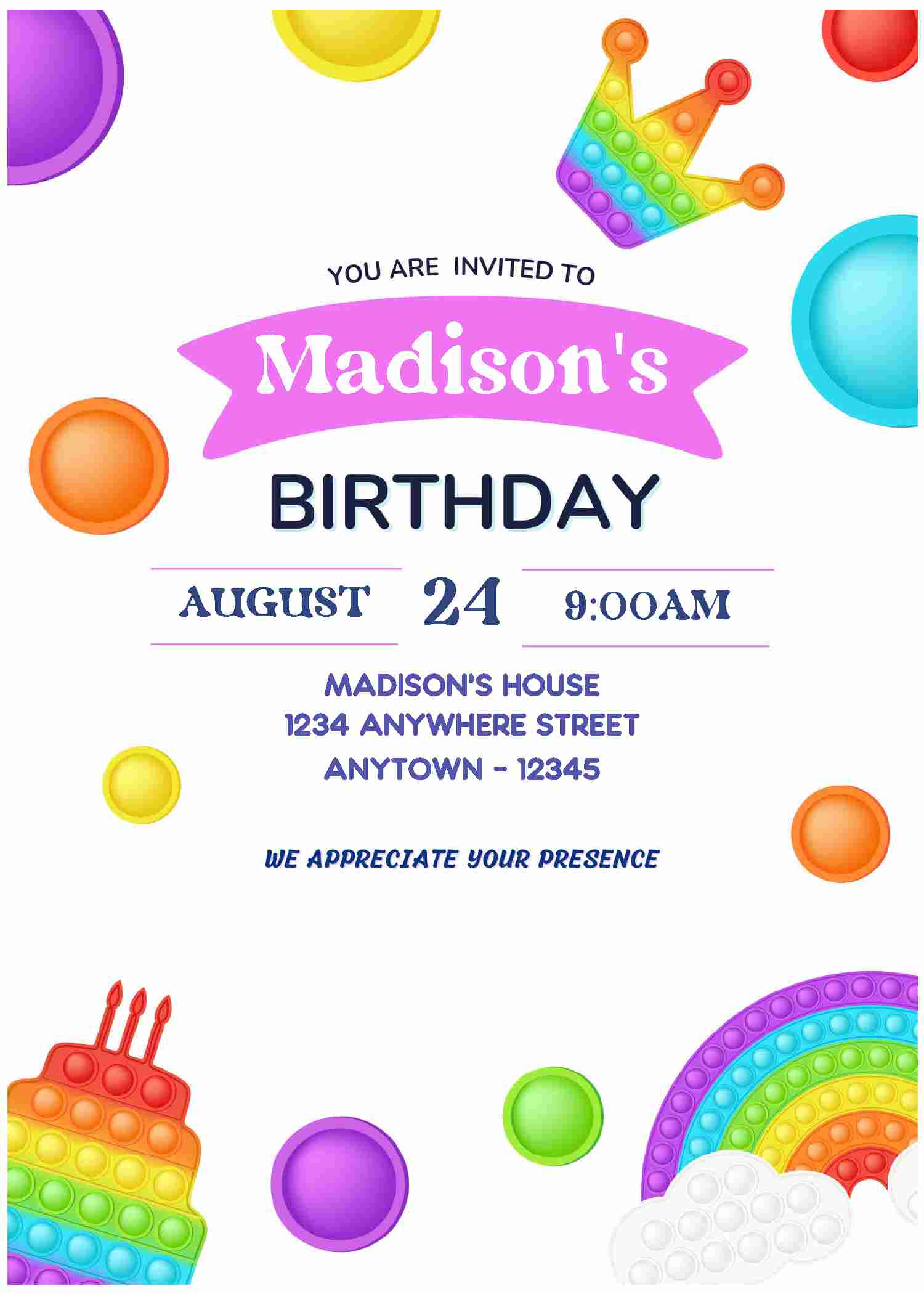 (Free Editable PDF) Rainbow Bubble Pop Unicorn Birthday Invitation ...