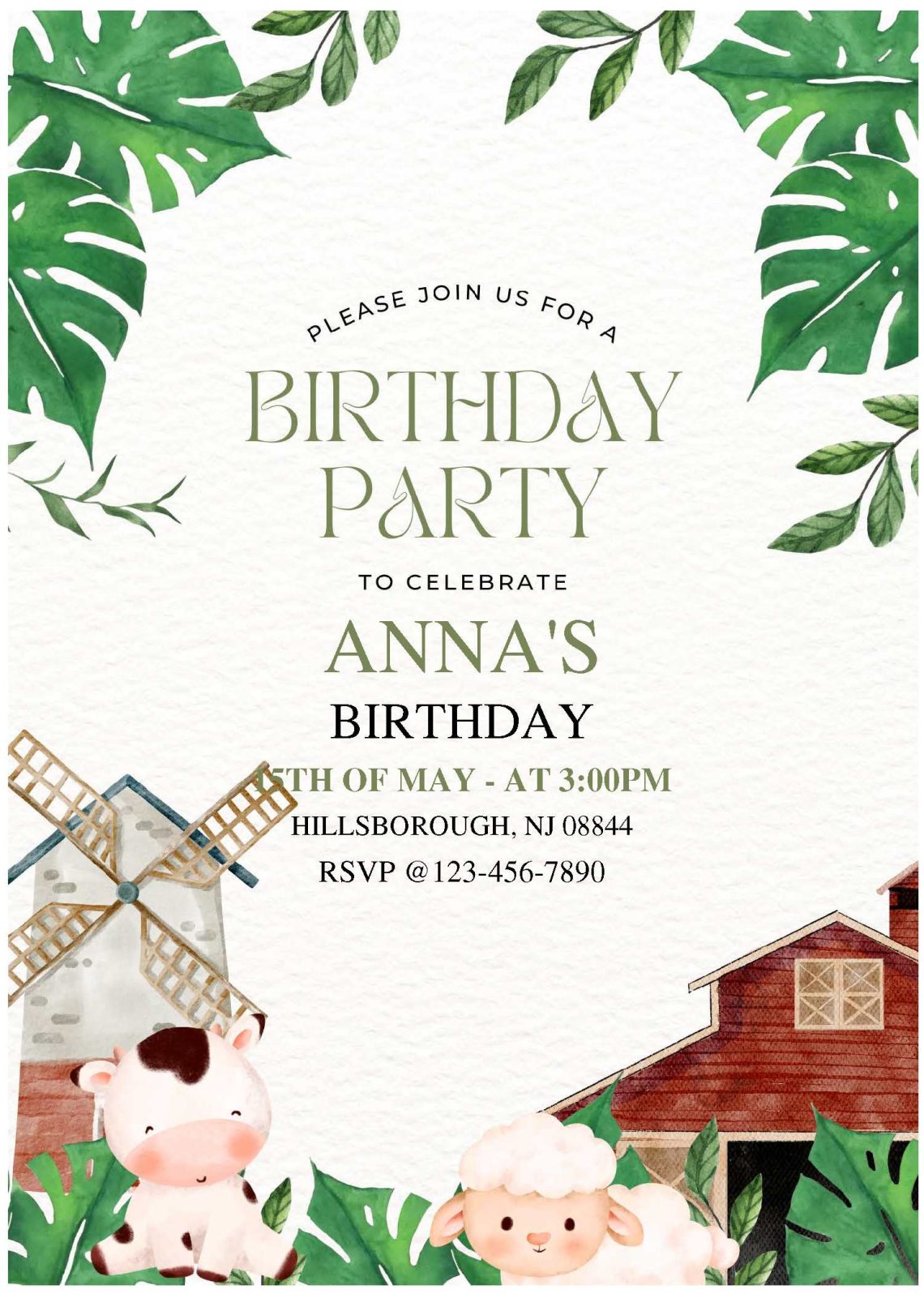 (Free Editable PDF) Greenery Barnyard Farm Birthday Invitation Templates