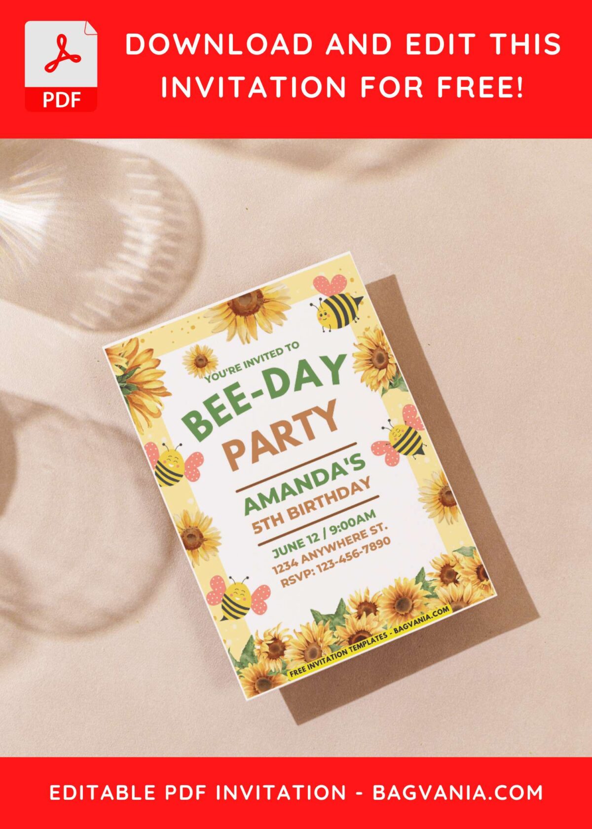 (Easily Edit PDF Invitation) Honey Bee Birthday Invitation