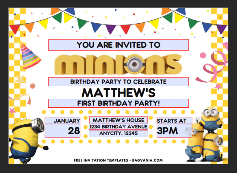 (Free PDF Invitation) Yellow Checkered Border Minions Birthday Invitation