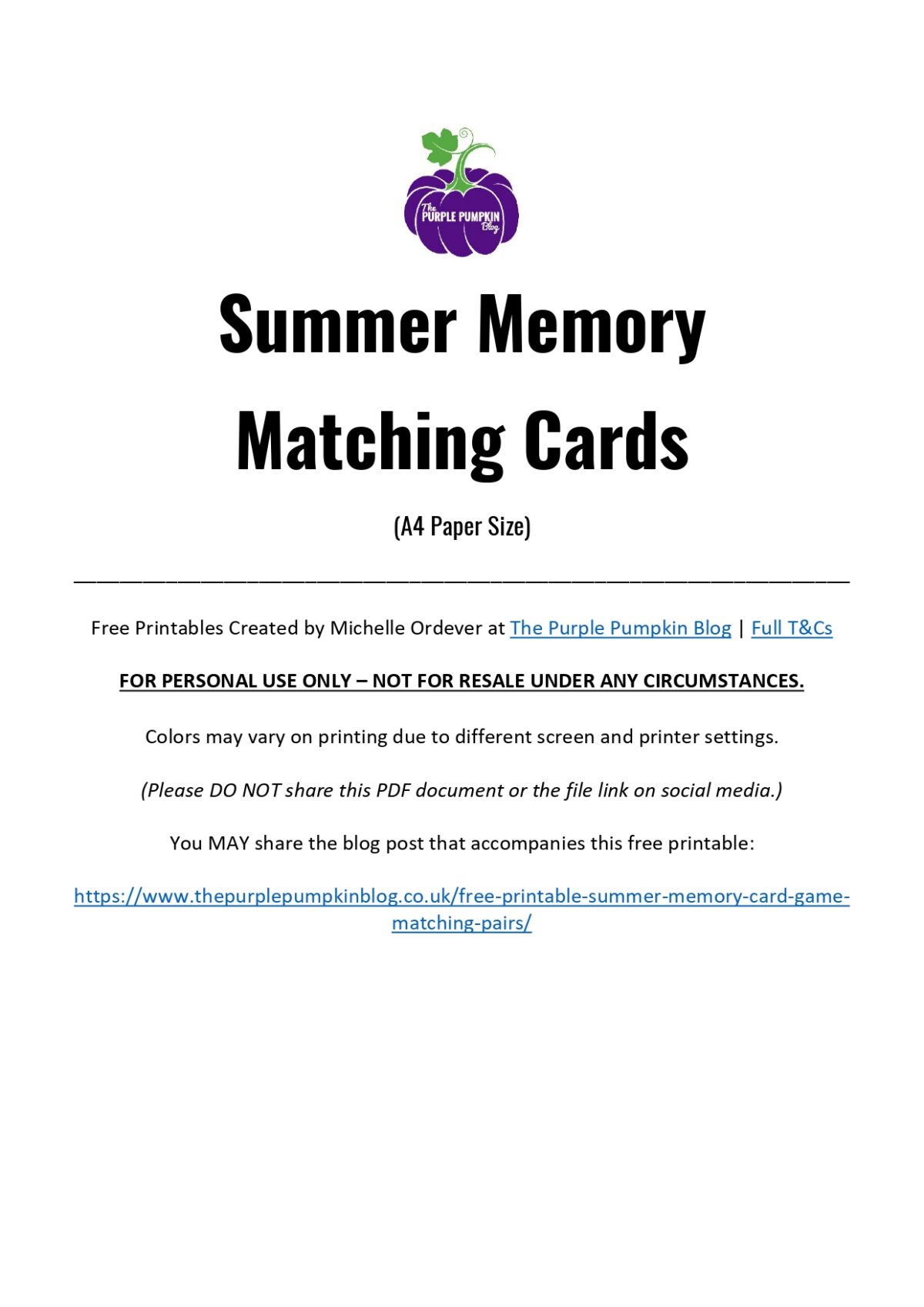 Free Printable Summer-Themed Memory Cards