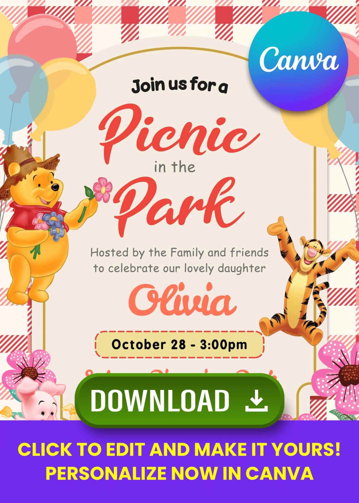 Winnie the Pooh Picnic Birthday Invitation | Editable Canva Template