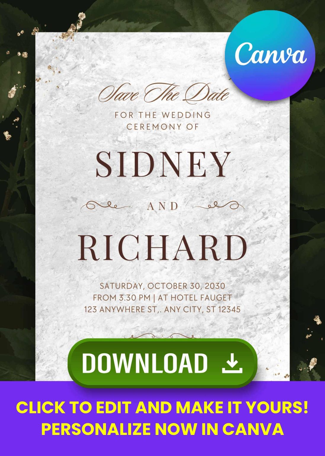 Rustic Marble Greenery Wedding Invitation | Editable Canva